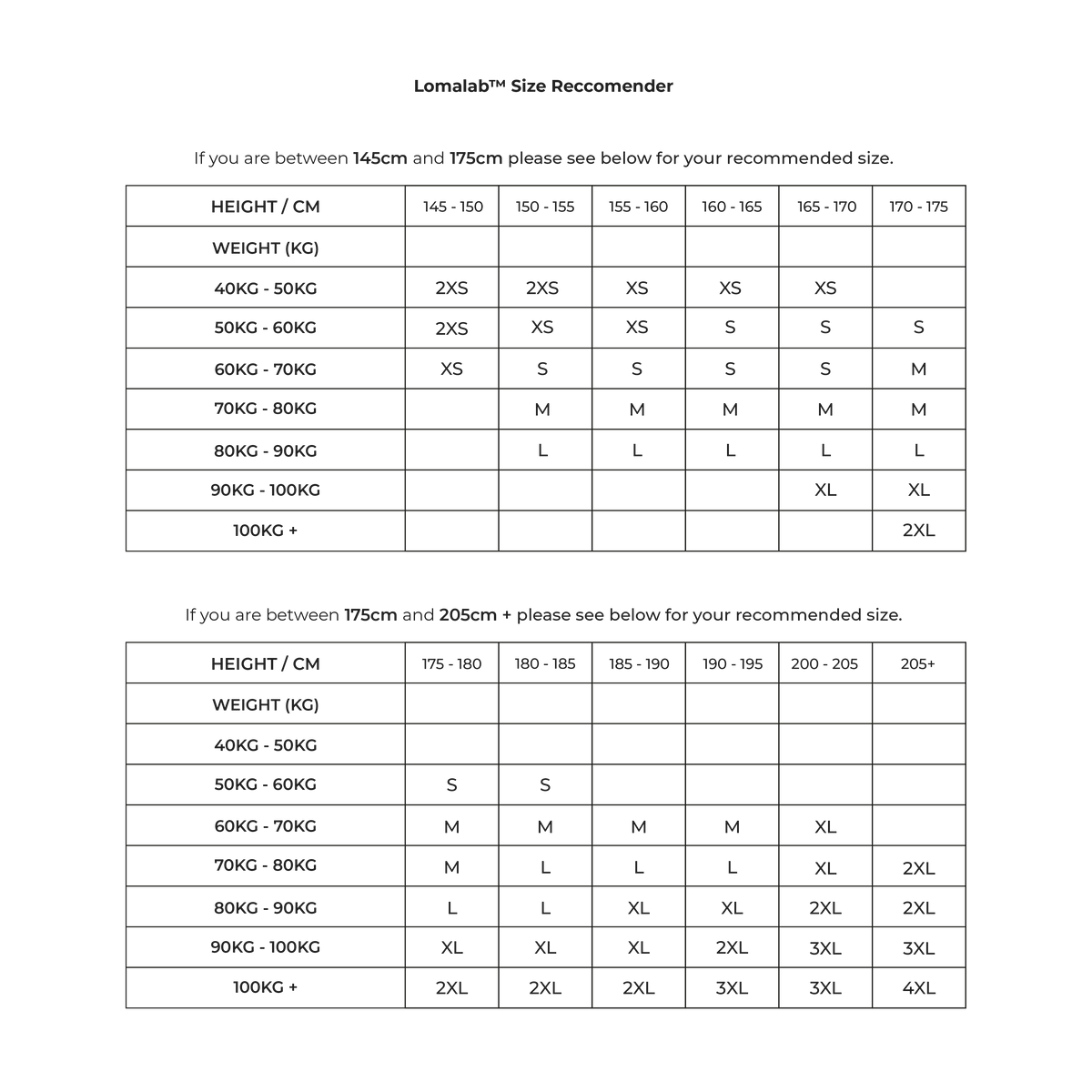 SIze chart - find your size trough our charts